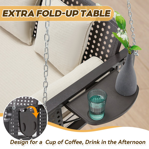 Arlmont & Co. 3-Seat Hanging Porch Swing - Outdoor Patio Bench With Integrated Tea Trays ...